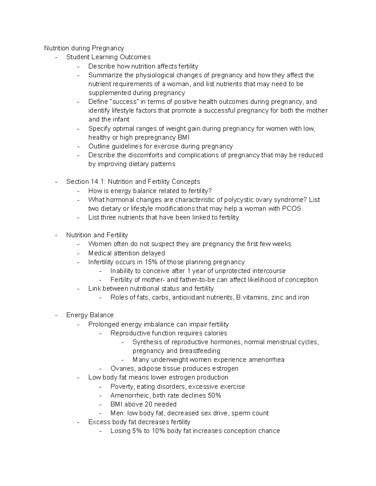 Pregnancy Notes - Nutrition during Pregnancy - Student Learning ...