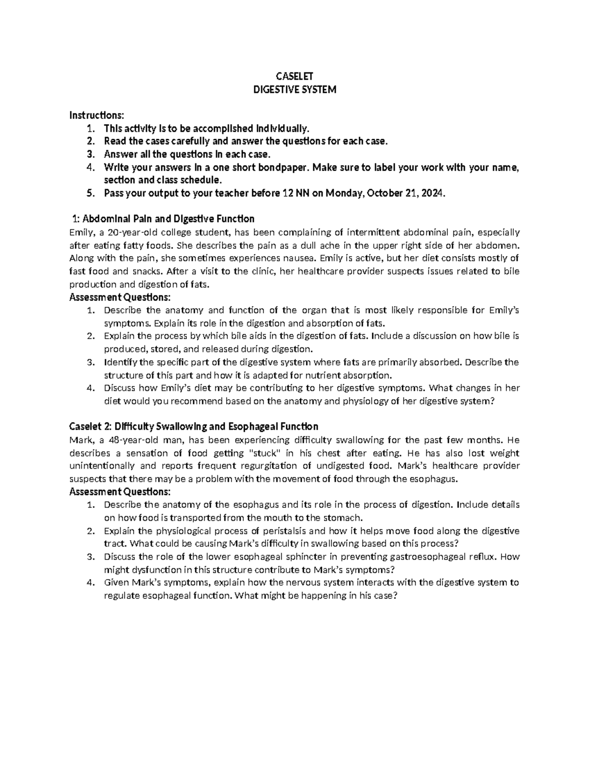 Caselet on Digestive System - CASELET DIGESTIVE SYSTEM Instructions: 1 ...