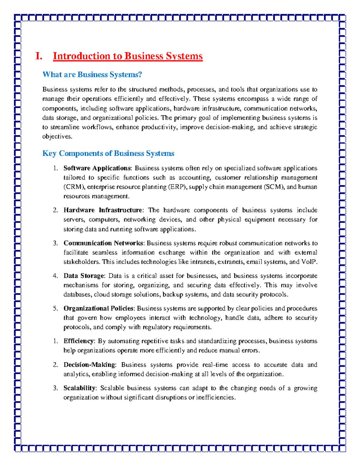 Cource Outline - I. Introduction to Business Systems What are Business ...
