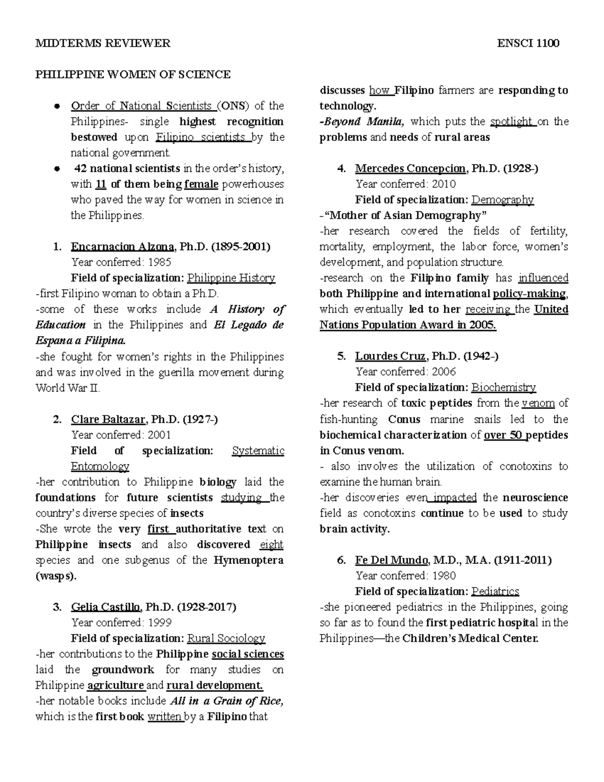 Ensci Reviewer - Midterms - PHILIPPINE WOMEN OF SCIENCE Order of ...