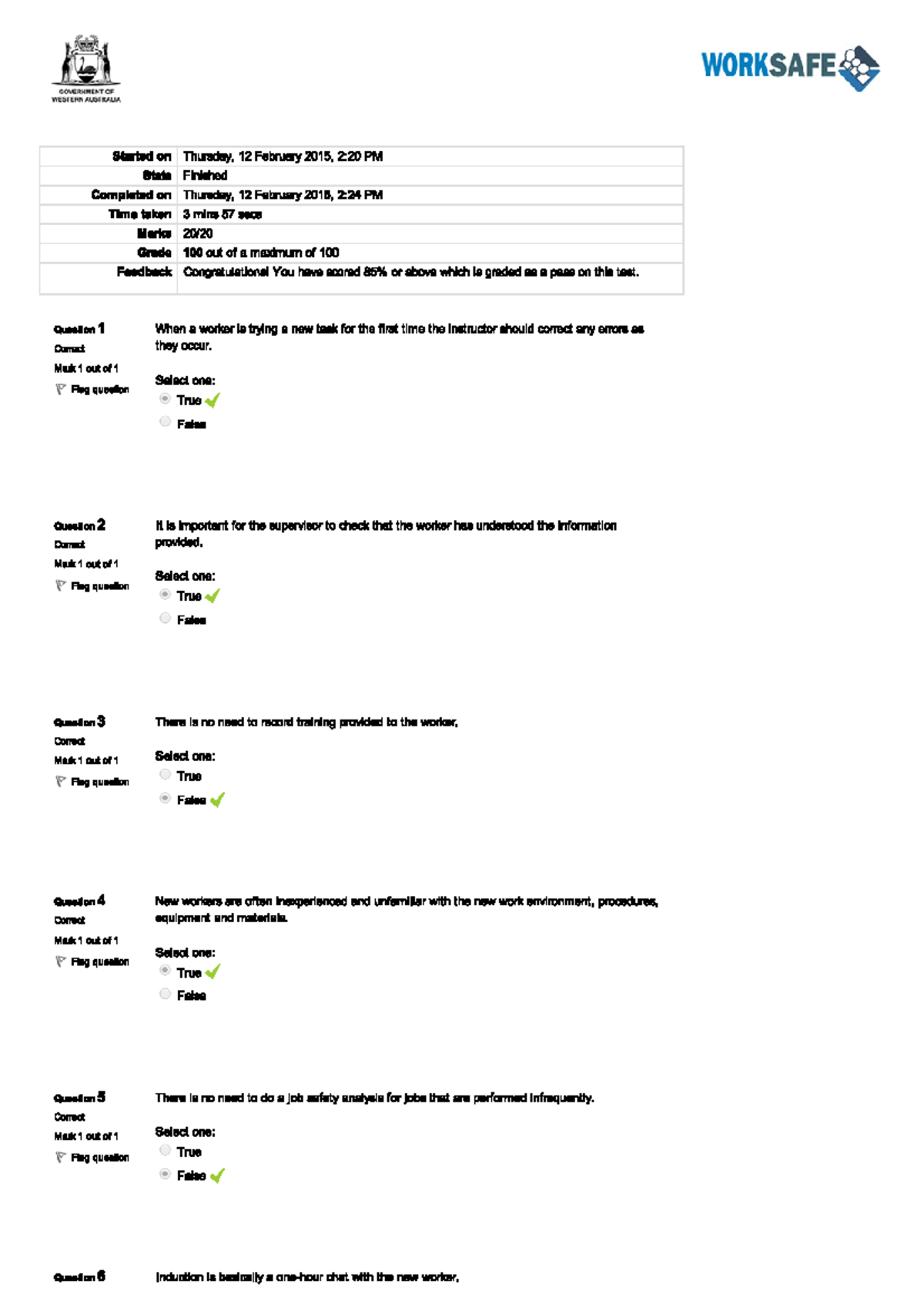 Induction On the Job Training test - WORKSAFE GOVERNMENT OF WESTERN ...