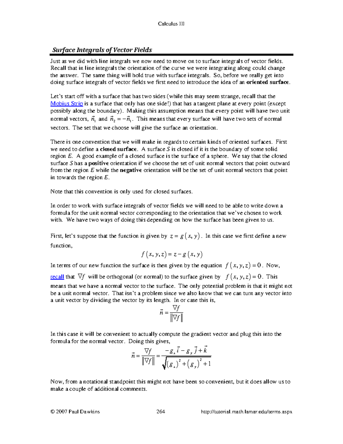 Surface Integrals of Vector Fields 264-273 - Surface Integrals of Vector Fields Just as we did ...