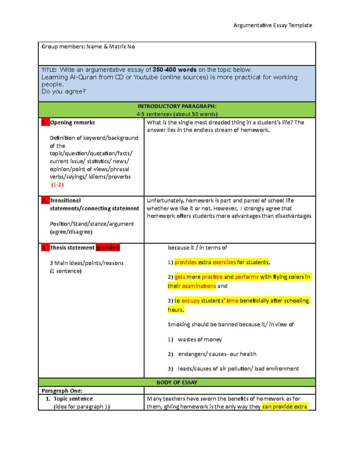 Argumentative Essay Template - Do you agree? INTRODUCTORY PARAGRAPH : 4 ...
