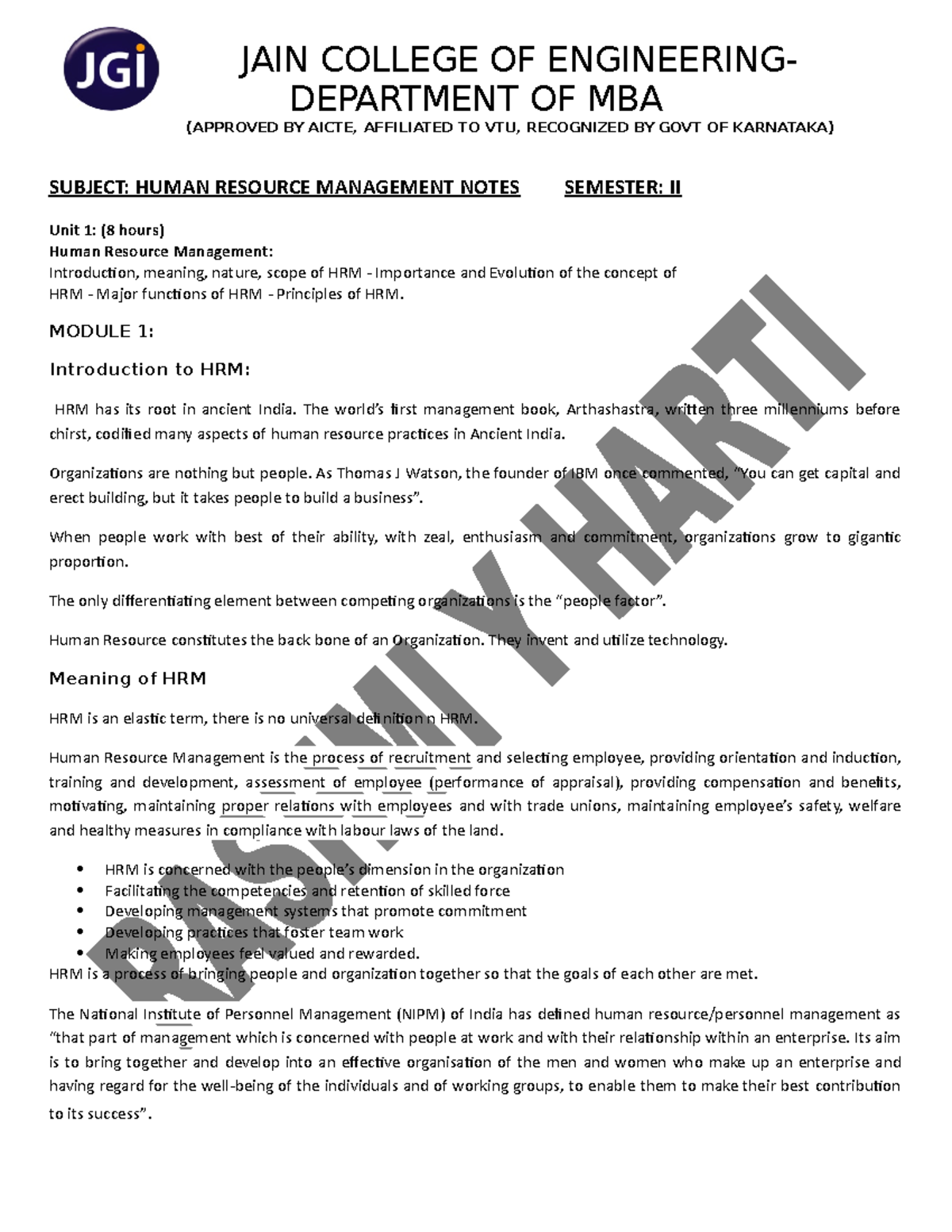 Module 1 - hrm - DEPARTMENT OF MBA (APPROVED BY AICTE, AFFILIATED TO ...
