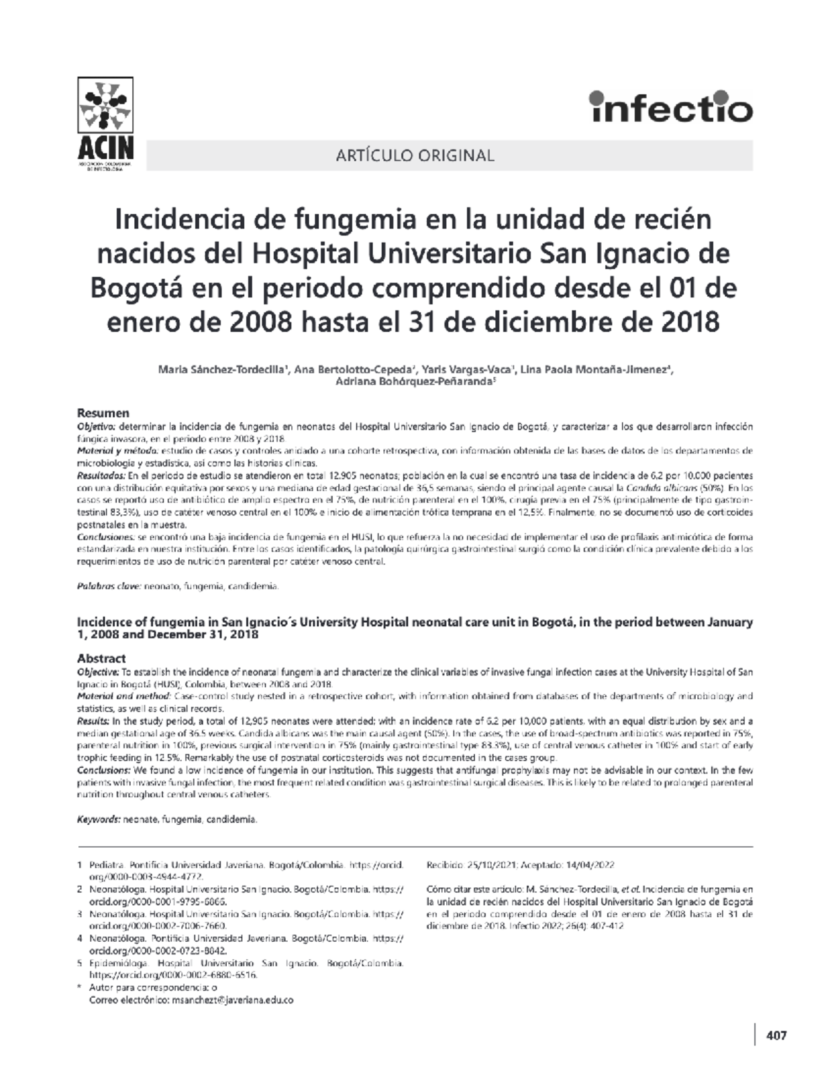 Fungemia - infectio ACIN ARTÍCULO ORIGINAL ASOCIACIÓN COLOMBIANA DE ...