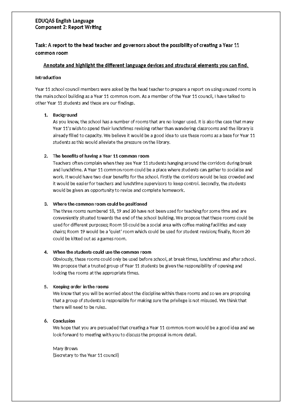 Report Writing Wagoll - The benefits of having a Year 11 common room ...