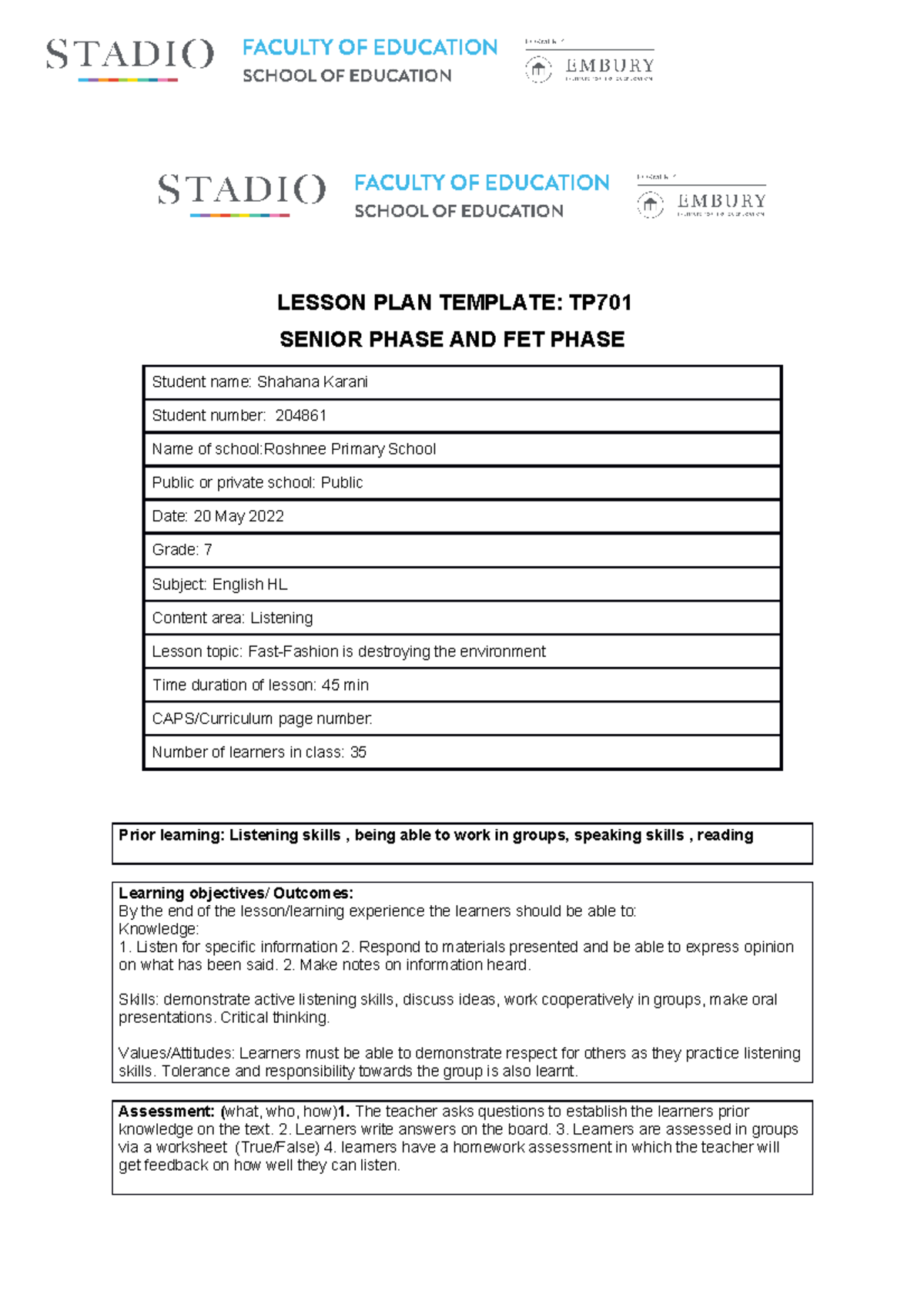 Lesson PLAN- ASS 2 - LESSON PLAN TEMPLATE: TP SENIOR PHASE AND FET ...