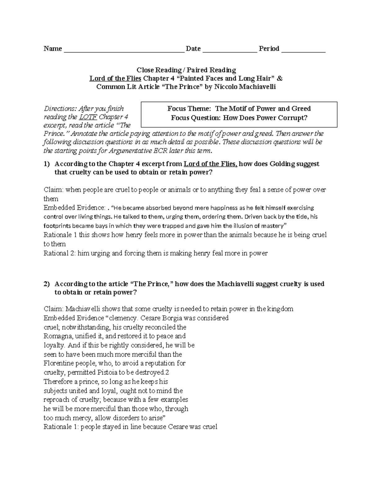 Lotfclose Reading Ch 4-Powerand finish - Name ...