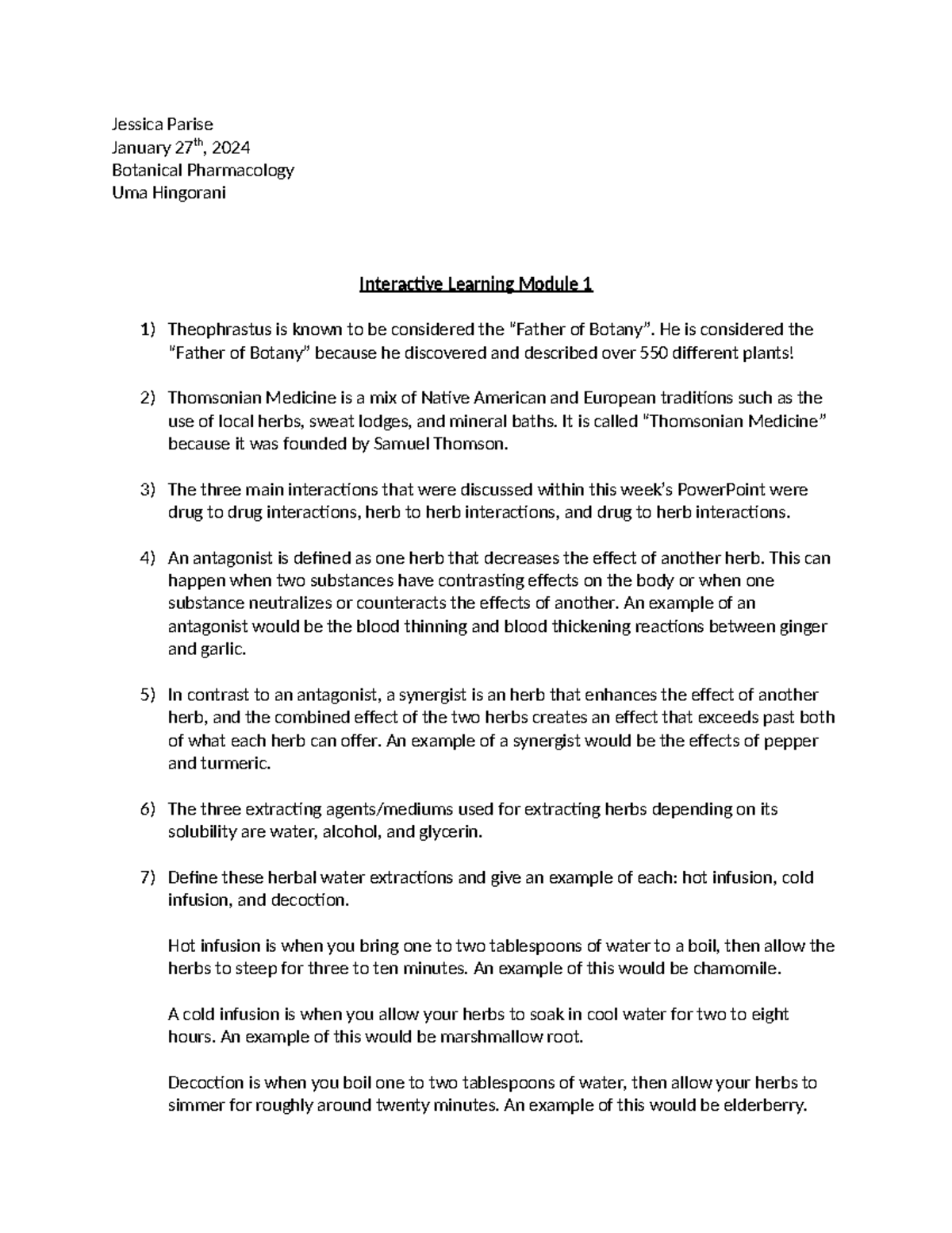 ILM1 - Herbs - Jessica Parise January 27th, 2024 Botanical Pharmacology ...