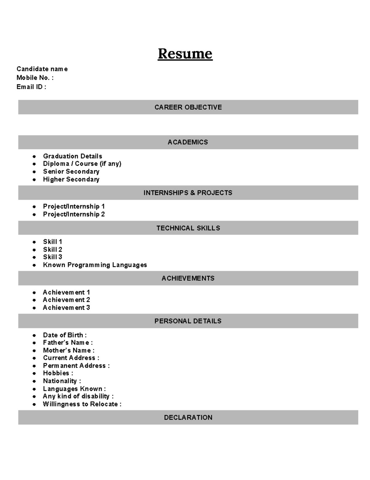 DXC+Resume+Format - DXC+RESUME+FORMAT - Resume Candidate name Mobile No ...