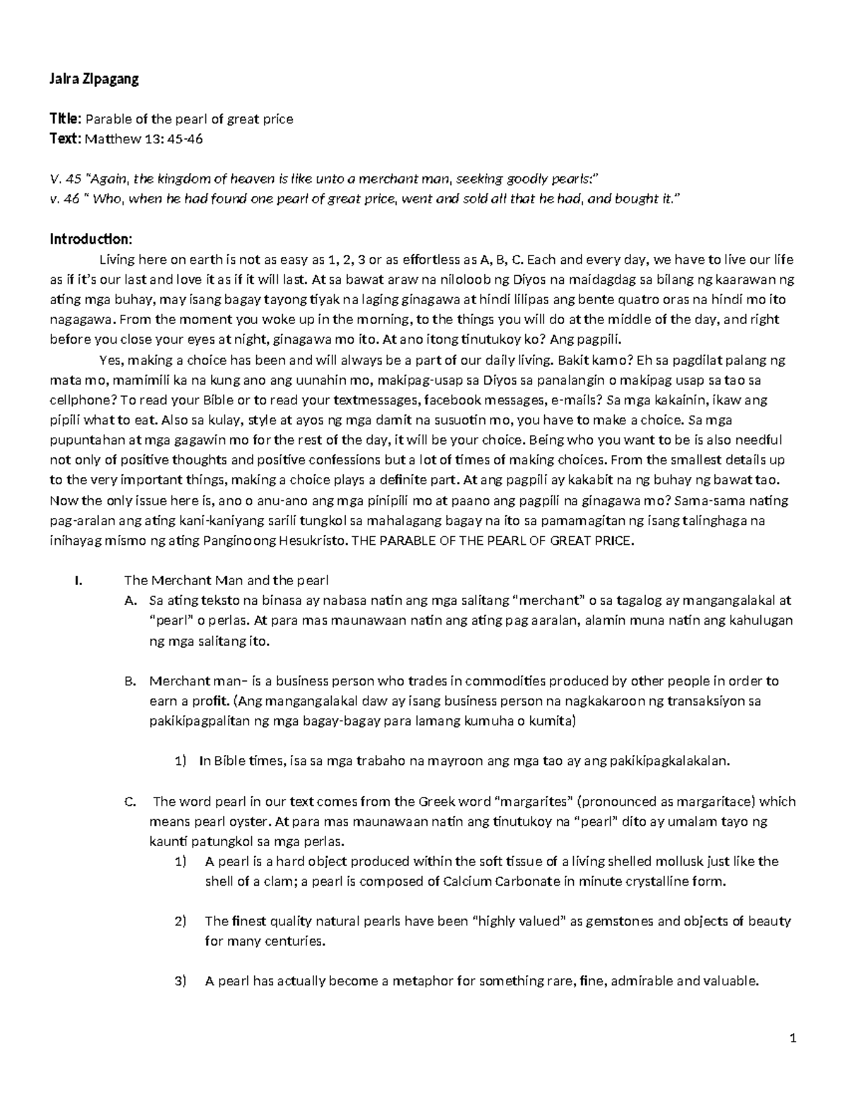 Pearl parable - Jaira Zipagang Title: Parable of the pearl of great ...