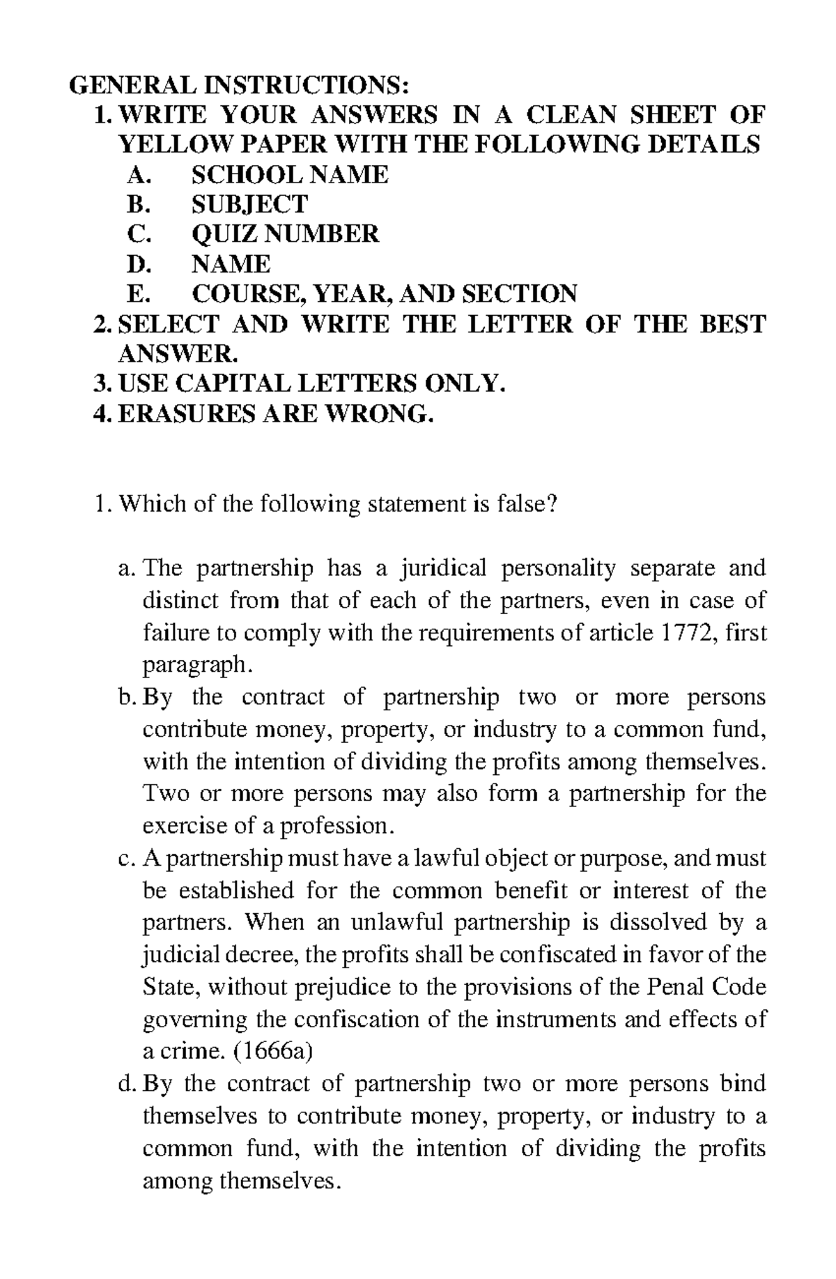 Partnership-Quiz-2 - 60-item quiz about the laws on Partnership and ...