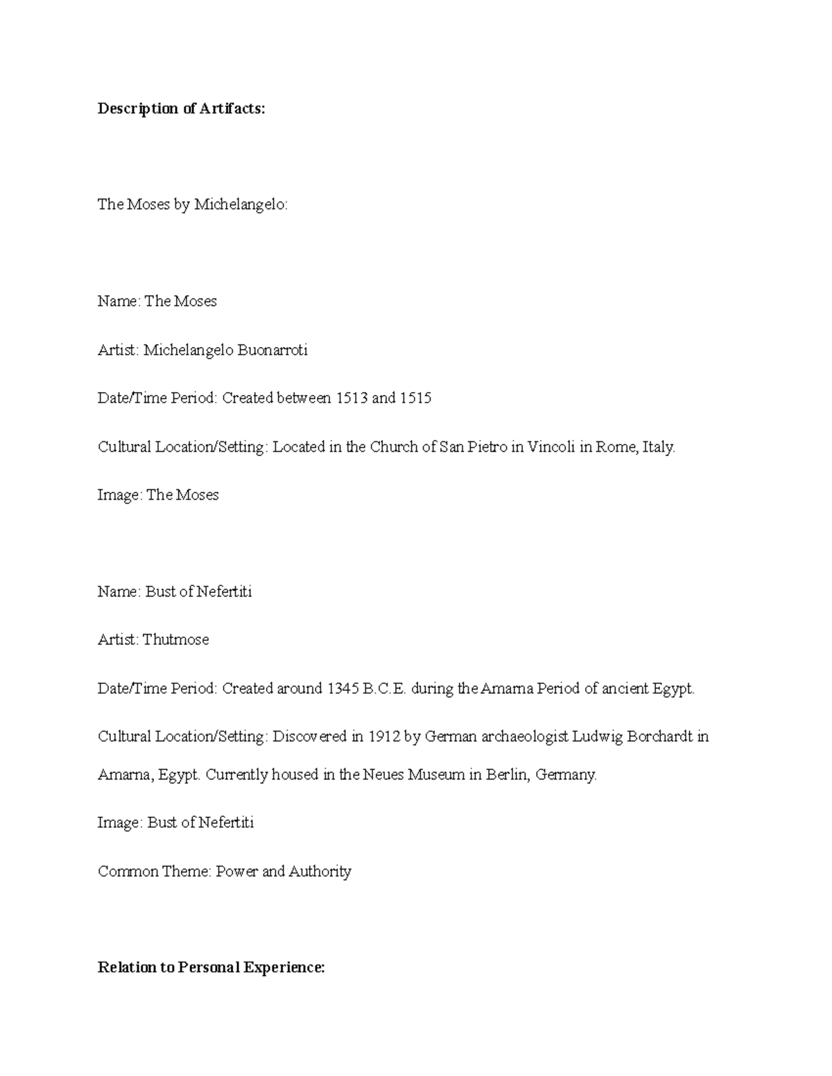 Project rough draft - Description of Artifacts: The Moses by ...