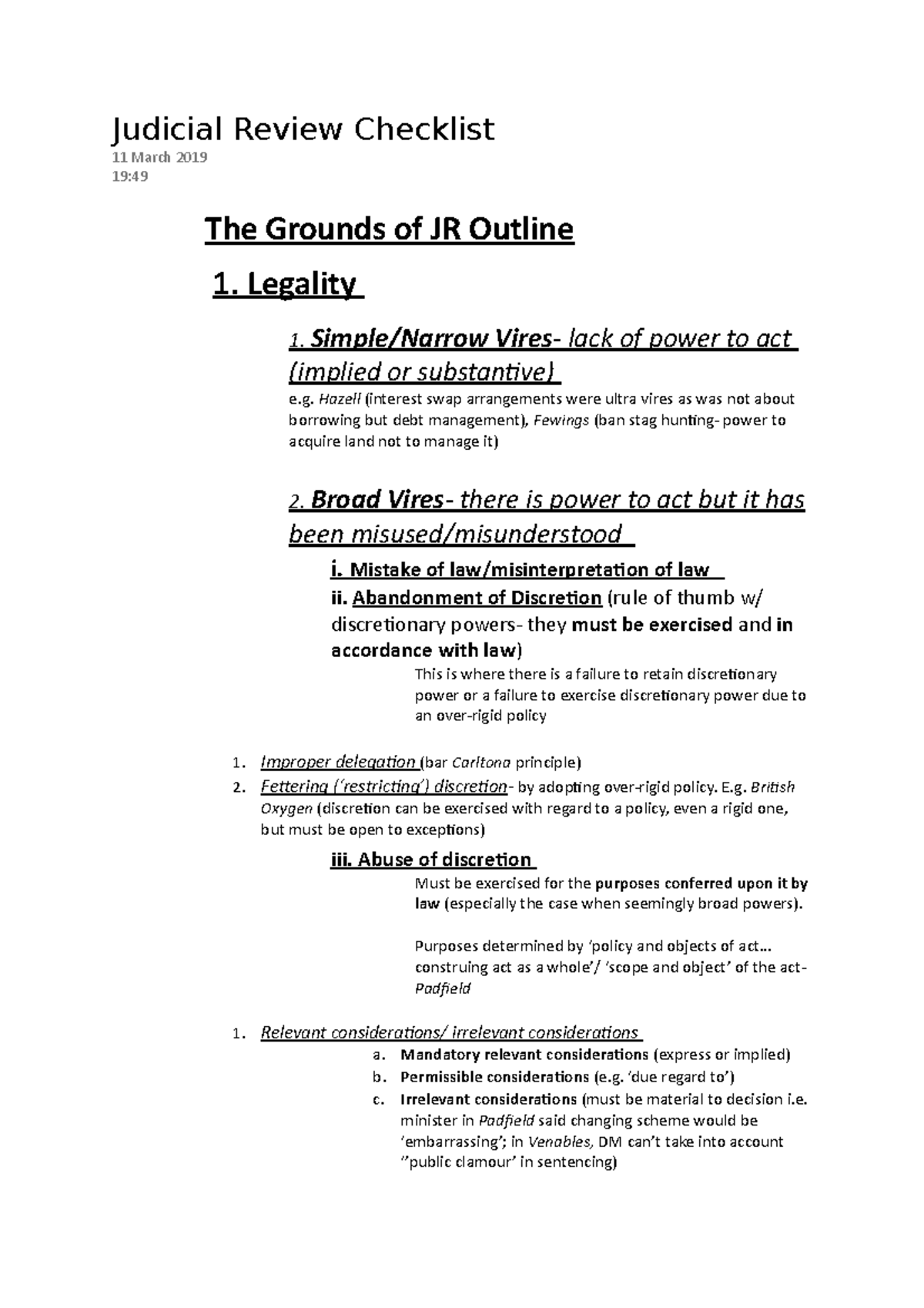 Judicial Review Checklist - Legality 1. Simple/Narrow Vires - lack of ...