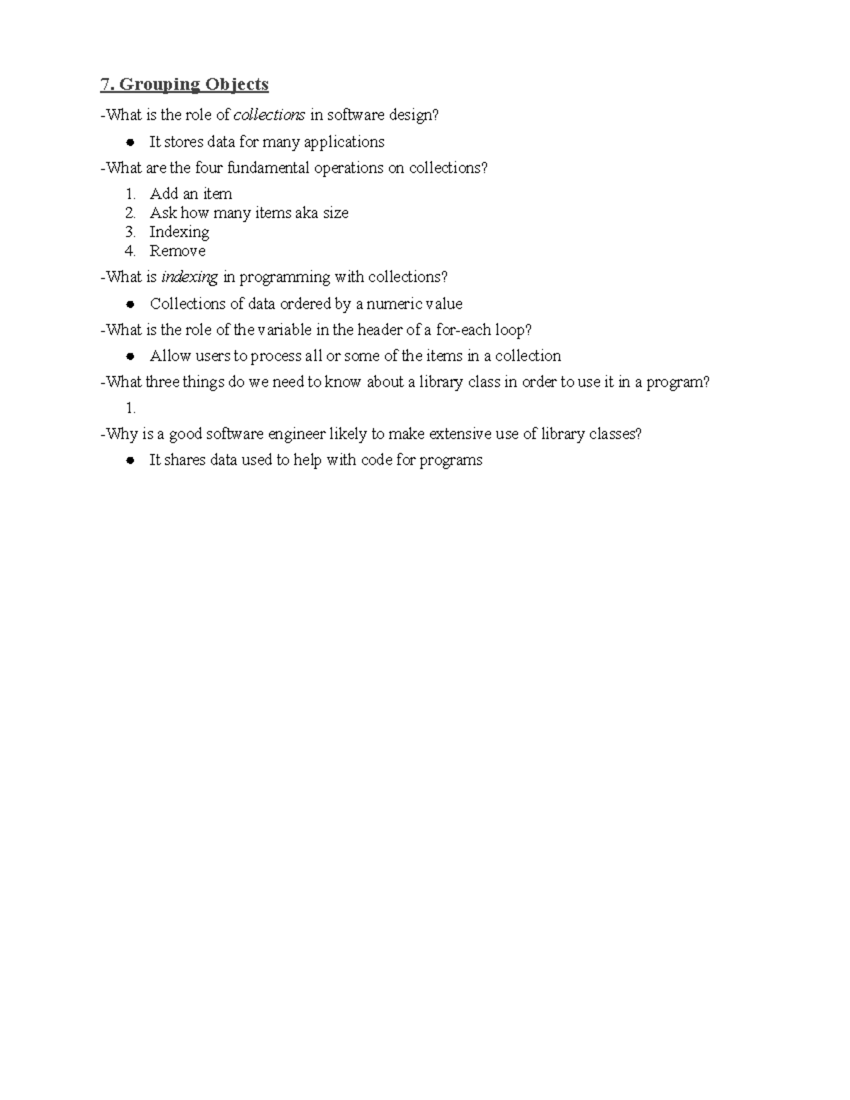 lecture 7 notes - 7. Grouping Objects -What is the role of collections ...