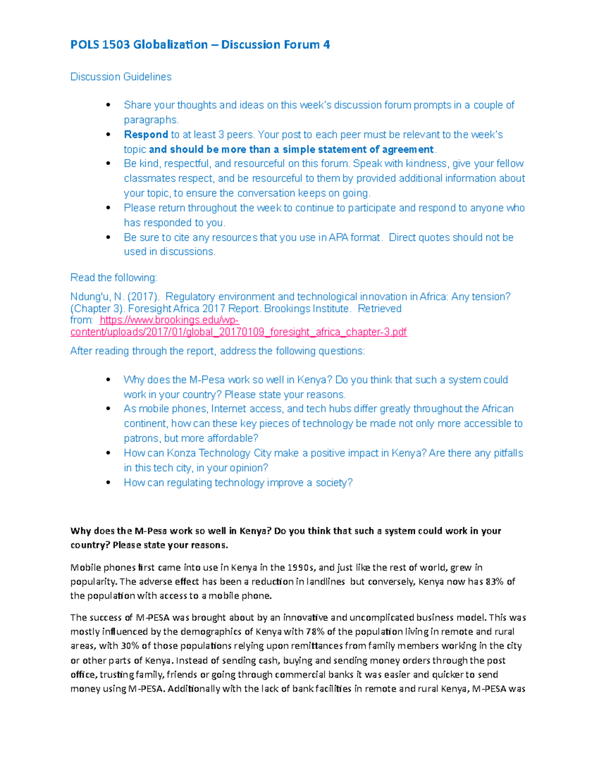 POLS 1503 - Discussion 4 - POLS 1503 Globalization – Discussion Forum 4 Discussion Guidelines ...