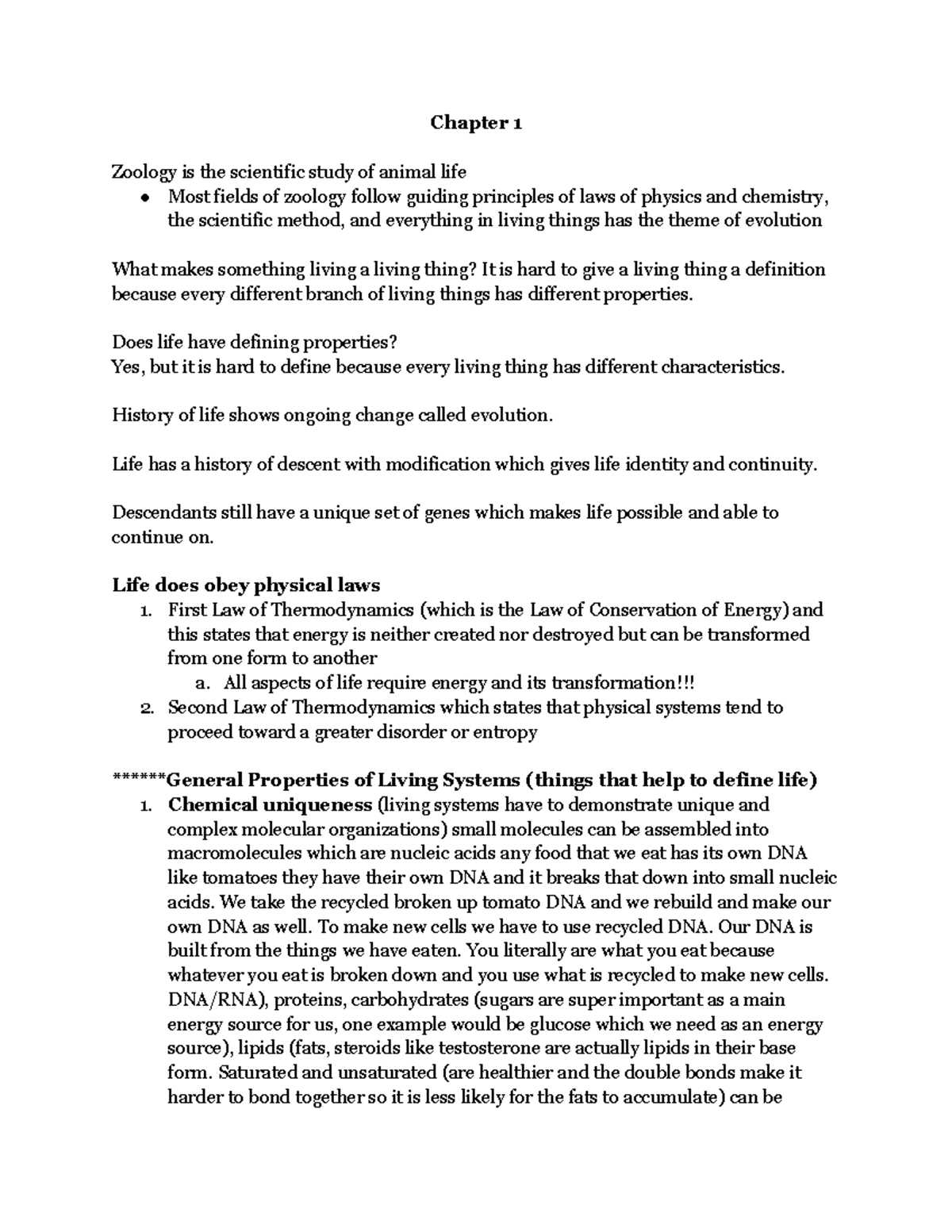 Chapter 1 - notes - Chapter 1 Zoology is the scientific study of animal ...