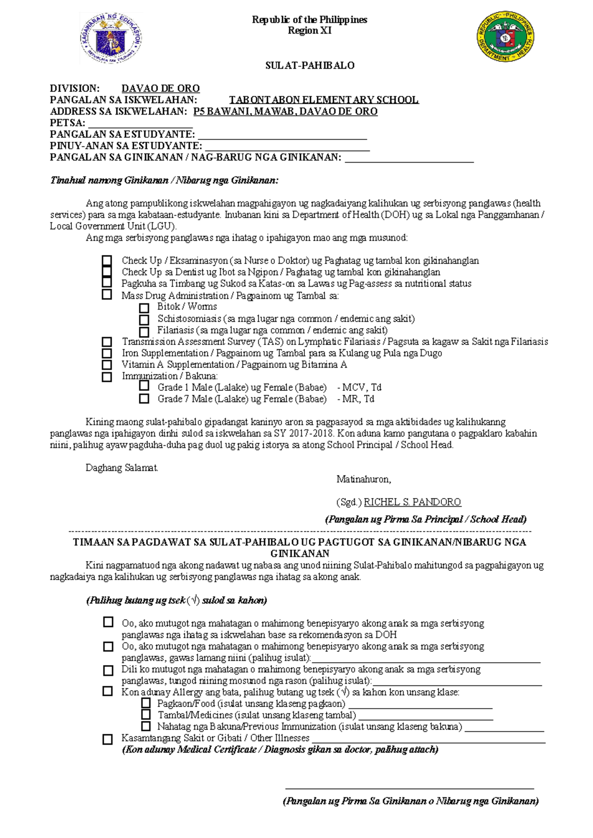 Sulat pahibalo-doh - Republic of the Philippines Region XI SULAT ...