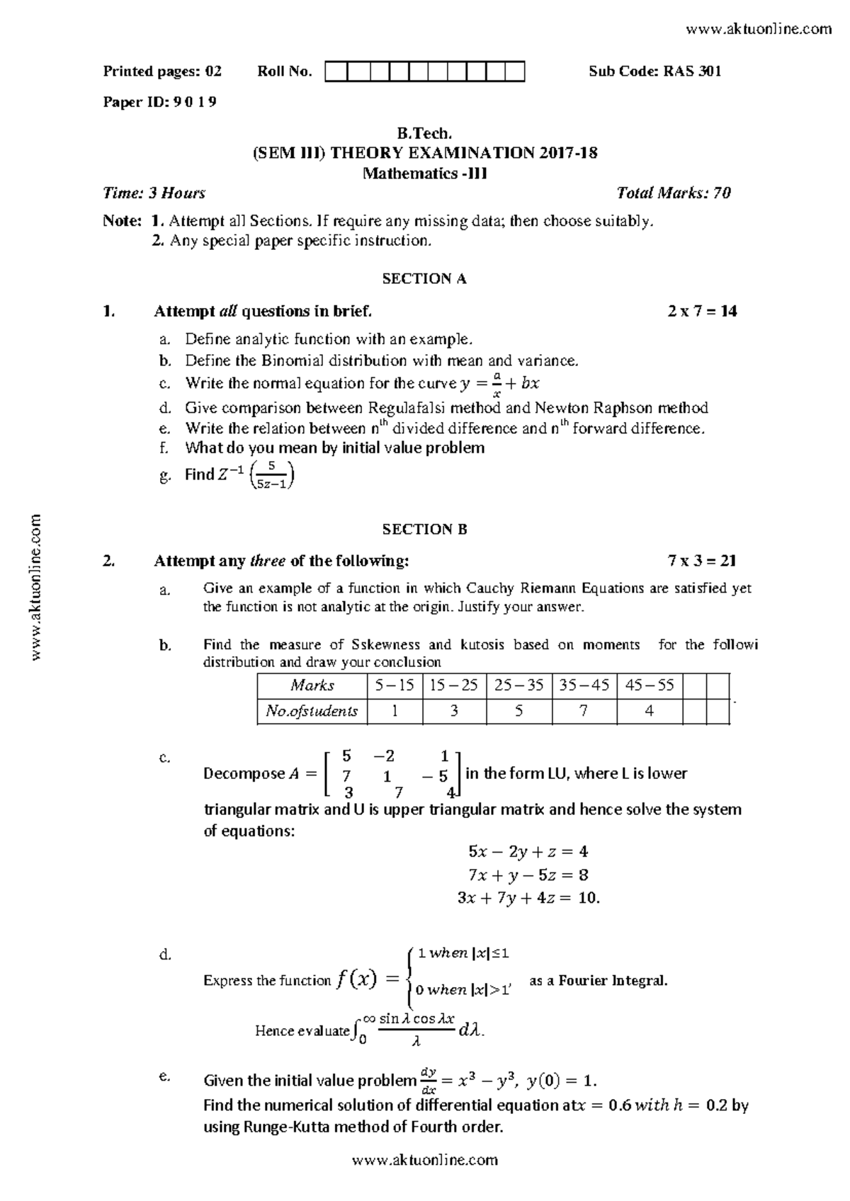 Btech 3 sem mathematics 3 ras 301 2017 18 - Printed pages: 02 Roll No. Sub Code: RAS 301 Paper ...