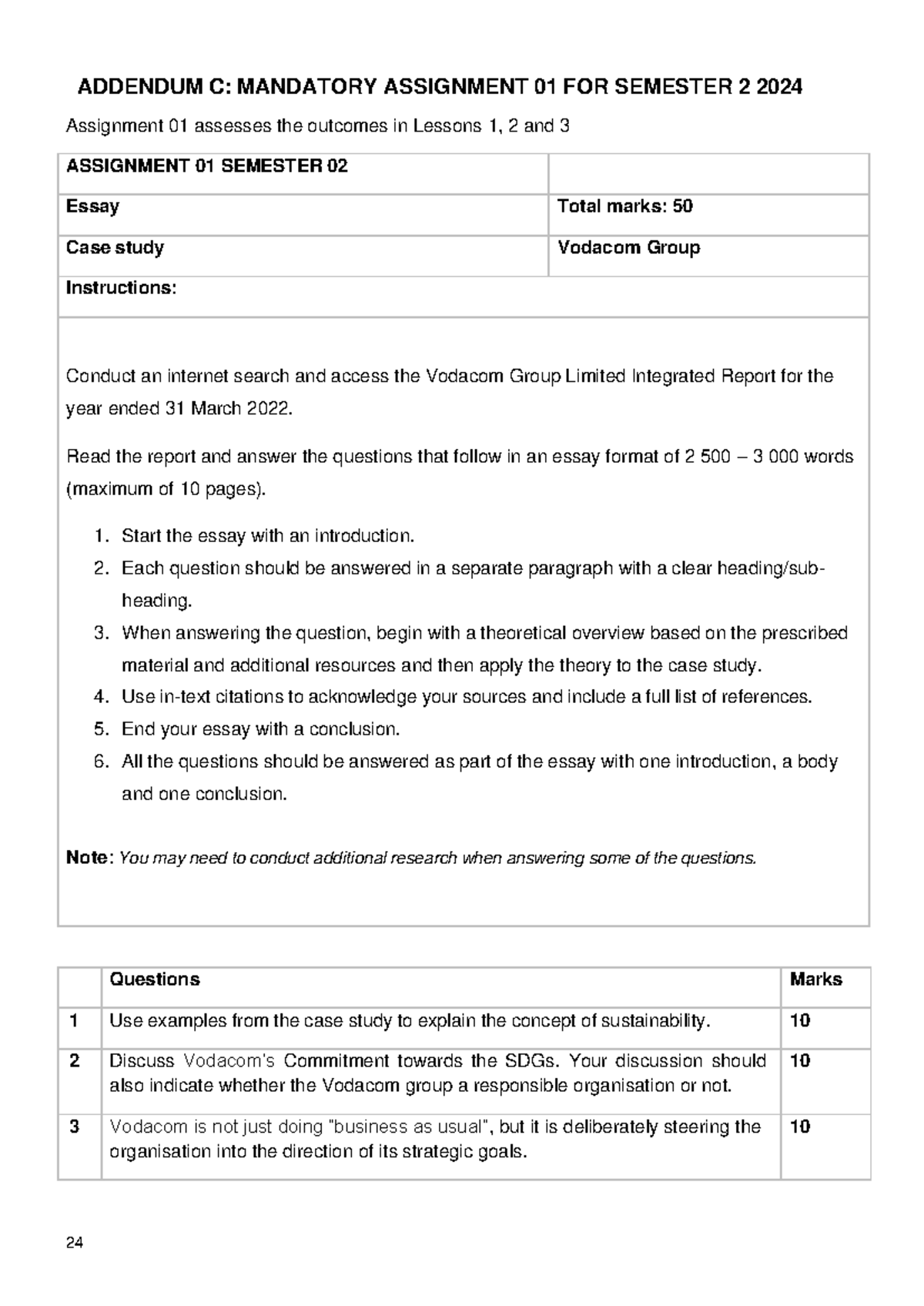 Assignment 01 - ADDENDUM C: MANDATORY ASSIGNMENT 01 FOR SEMESTER 2 2024 ...