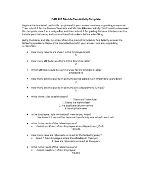 DAD 220 Module Three Major Activity Database Documentation Template - Replace the bracketed text ...