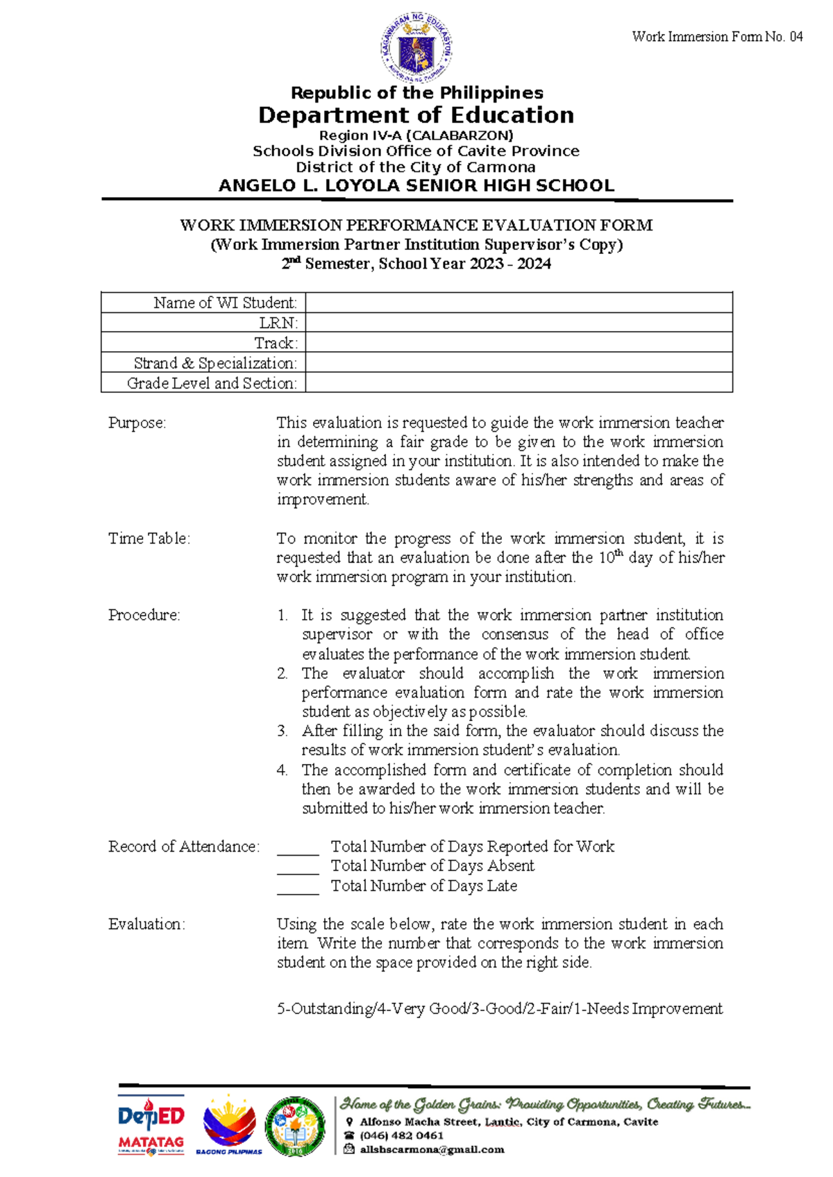 WI-FORM-4 - Work Immersion Form No. 04 Republic of the Philippines ...