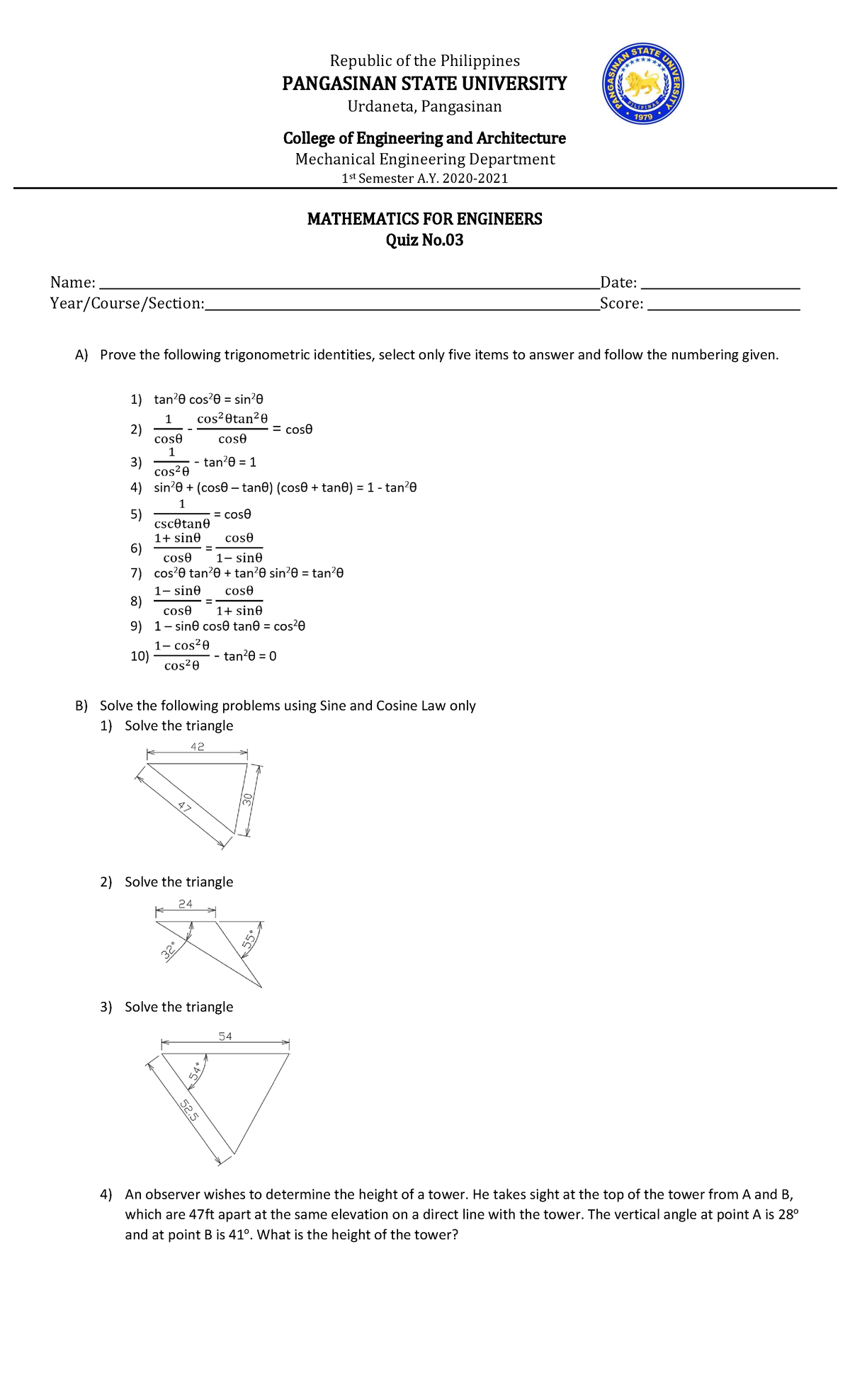 MFE Quiz No - Quiz 3, Trigonometric Functions - Math for Engineers ...