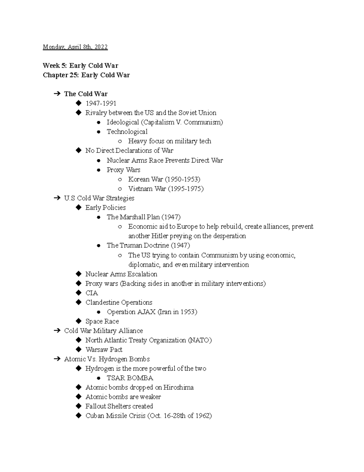 American History 04 11 22 - Monday, April 8th, 2022 Week 5: Early Cold ...