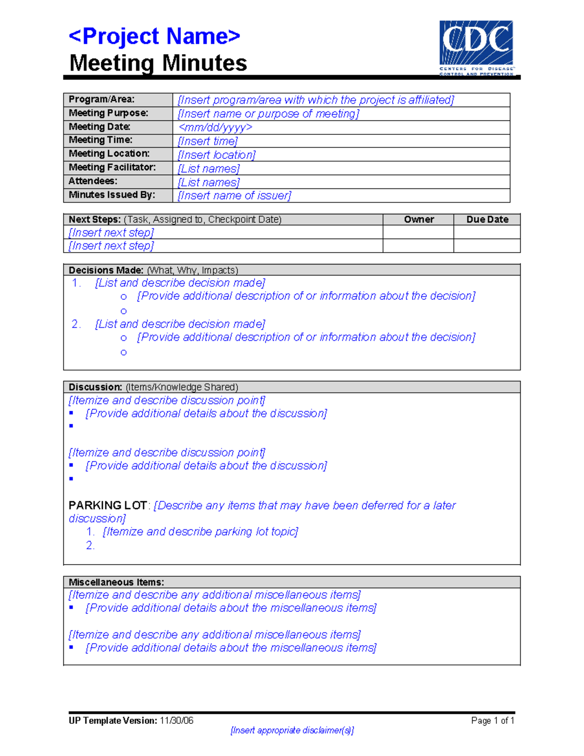 CDC UP Meeting Minutes Template - Meeting Minutes Program/Area: [Insert ...