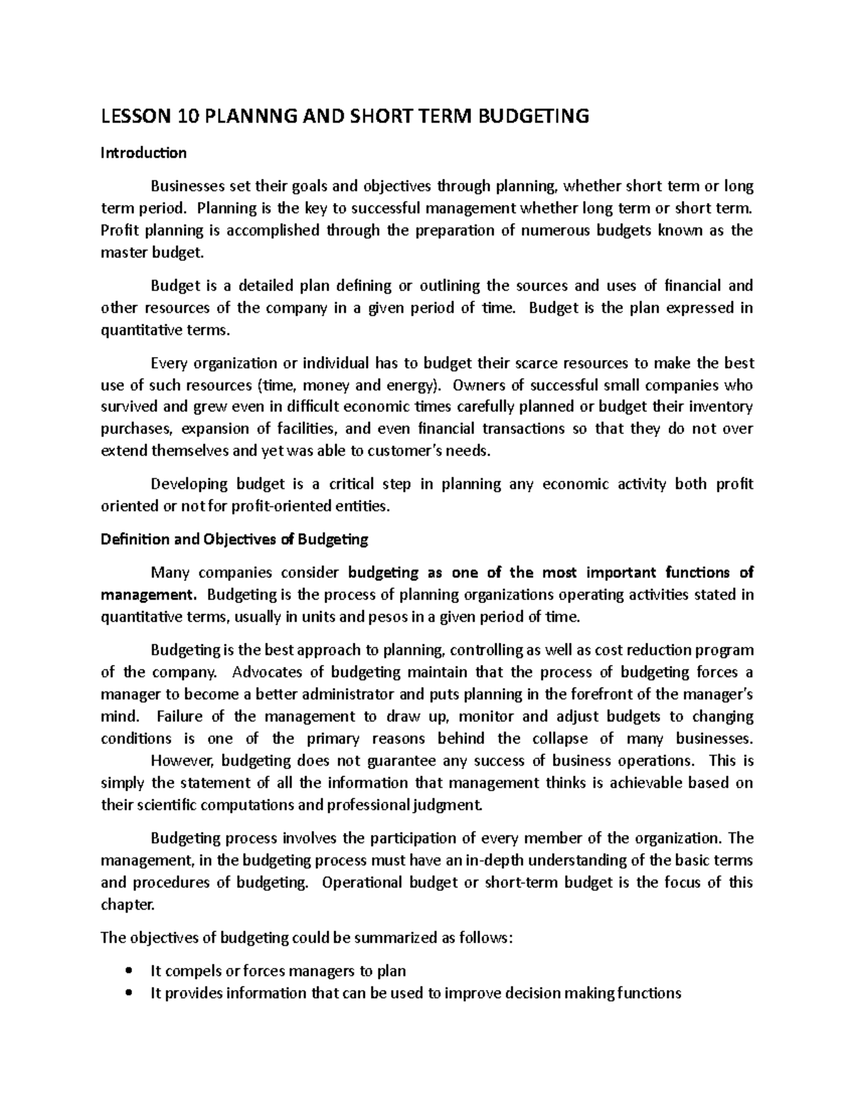 Lesson 6 Plannng AND Short TERM Budgeting - LESSON 10 PLANNNG AND SHORT ...