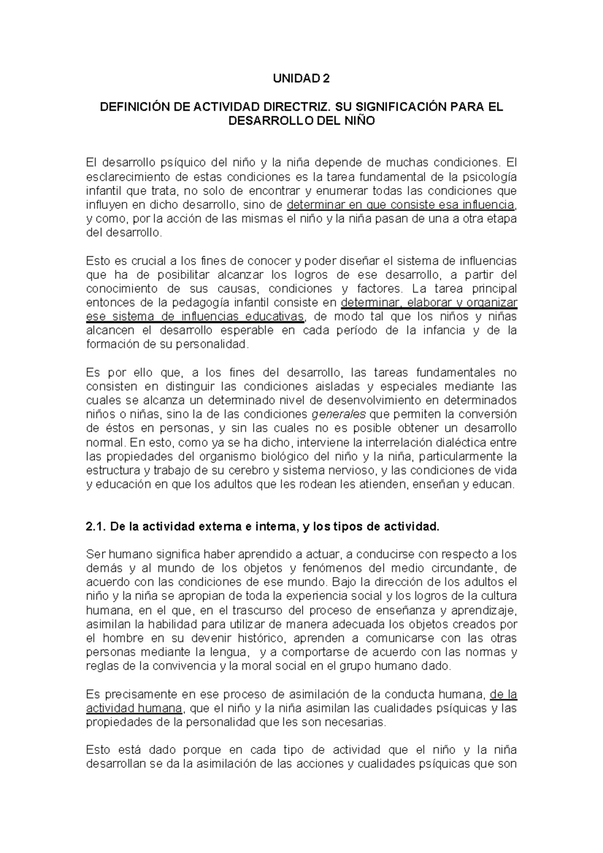 Actividades Directrices DEL Desarrollo - UNIDAD 2 DEFINICIÓN DE ...