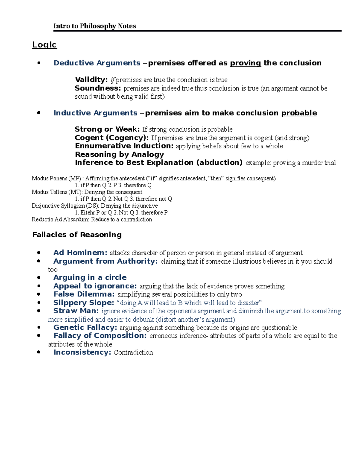 Intro to philosophy notes - Intro to Philosophy Notes Logic Deductive ...