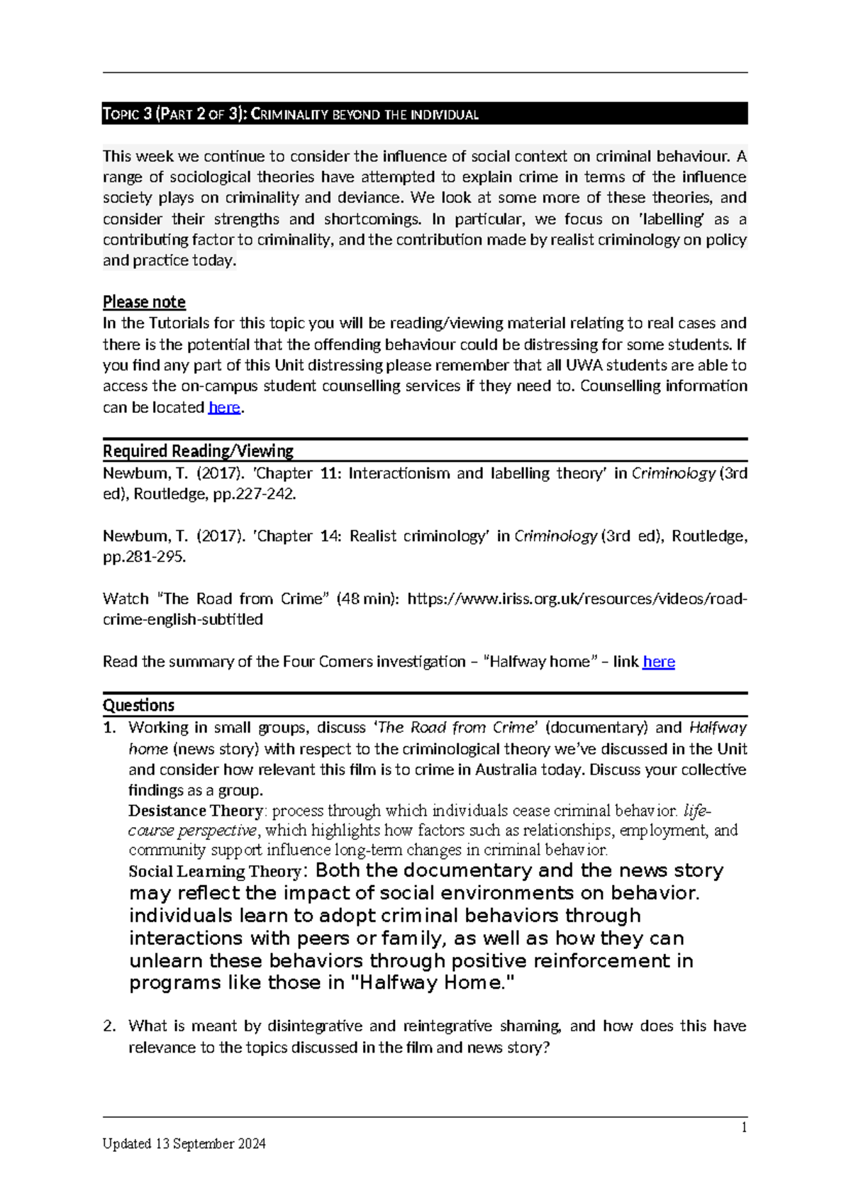 Tute 7 - Labelling - tut work - TOPIC 3 (PART 2 OF 3): CRIMINALITY BEYOND THE INDIVIDUAL This ...