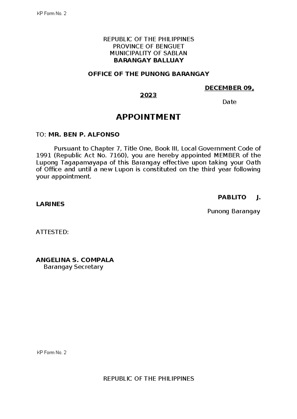 KP Form 2 - Katarungang Pambarangay Form - REPUBLIC OF THE PHILIPPINES ...