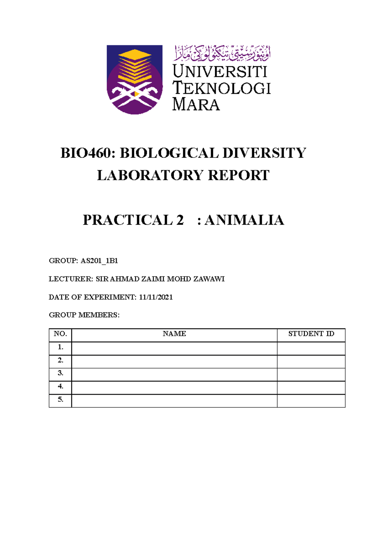 BIO460 LAB Report Animalia (POST-LAB Questions) - BIO460: BIOLOGICAL ...
