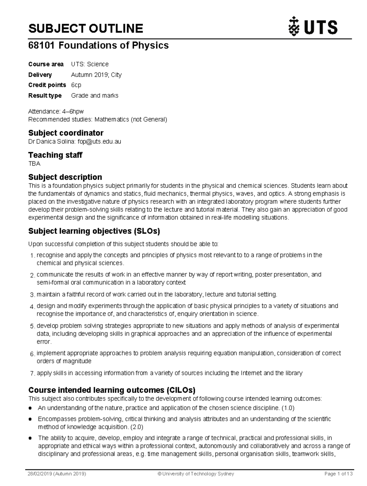 2019 Autumn Subject Outline - SUBJECT OUTLINE 68101 Foundations of ...