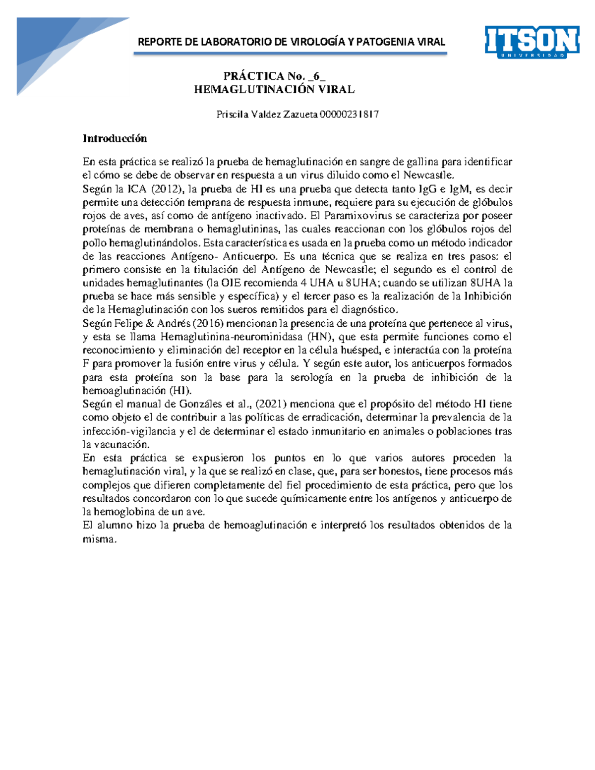 Reporte 6 Hemoaglutinación Viral - REPORTE DE LABORATORIO DE VIROLOGÍA Y PATOGENIA VIRAL ...