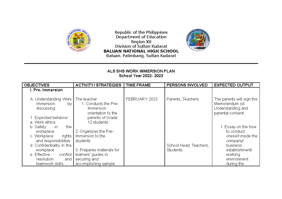 Immersion Deployment PLAN - Republic of the Philippines Department of ...