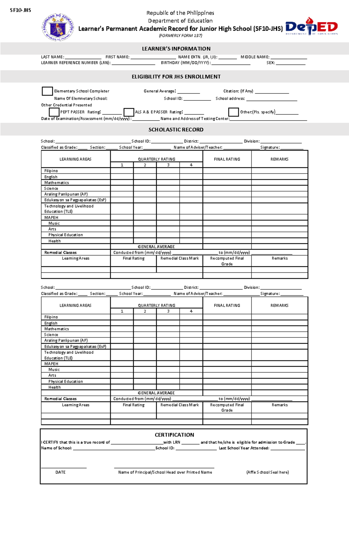 SF10 - JHS ( Front) - School Form 10 - Republic of the Philippines ...