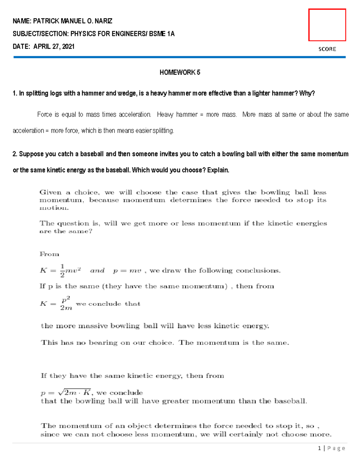 PHY1ME1A Homework 5 Nariz Patrick Manuel - Mechanical Engineering ...