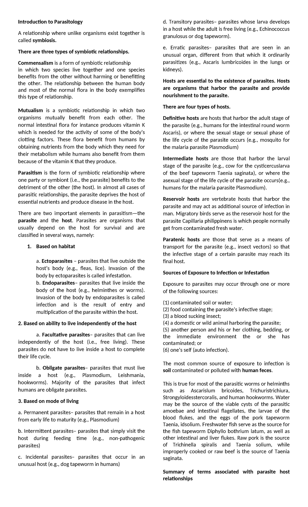 Microbiology and Parasitology Notes - Introduction to Parasitology A ...
