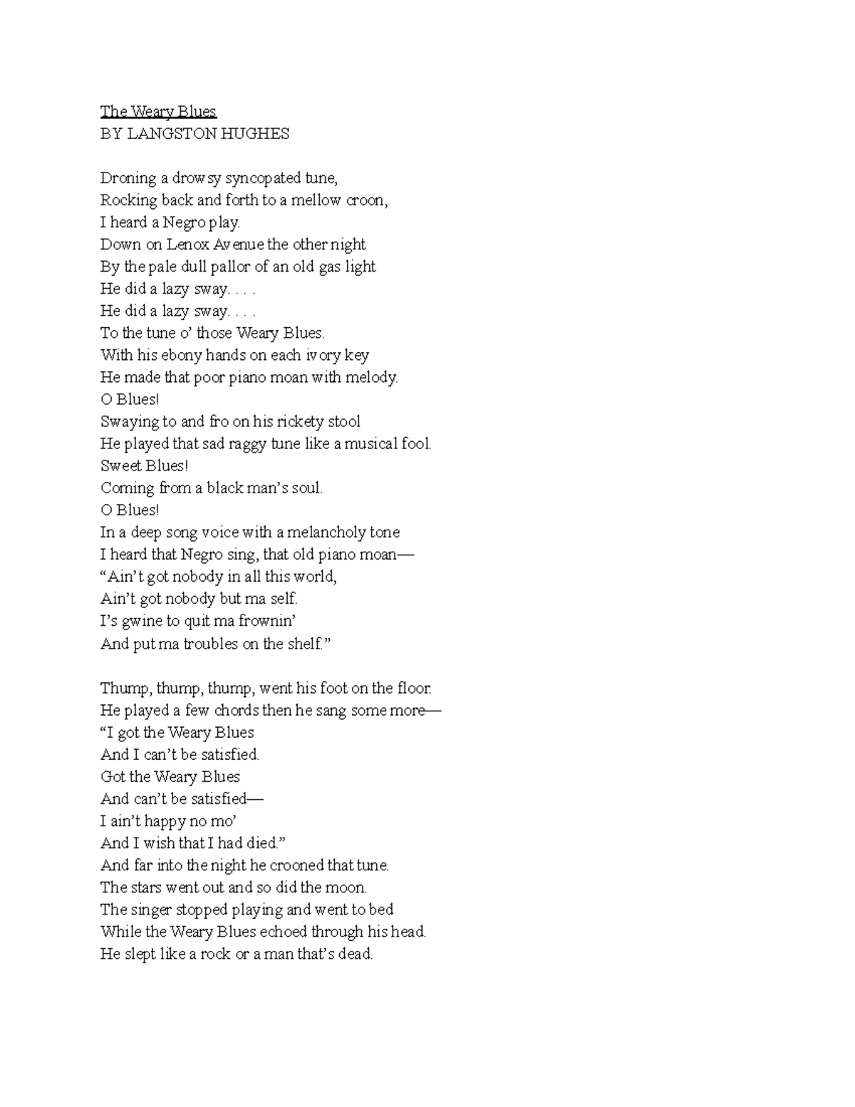 Rhythm Poems - analysis - The Weary Blues BY LANGSTON HUGHES Droning a ...