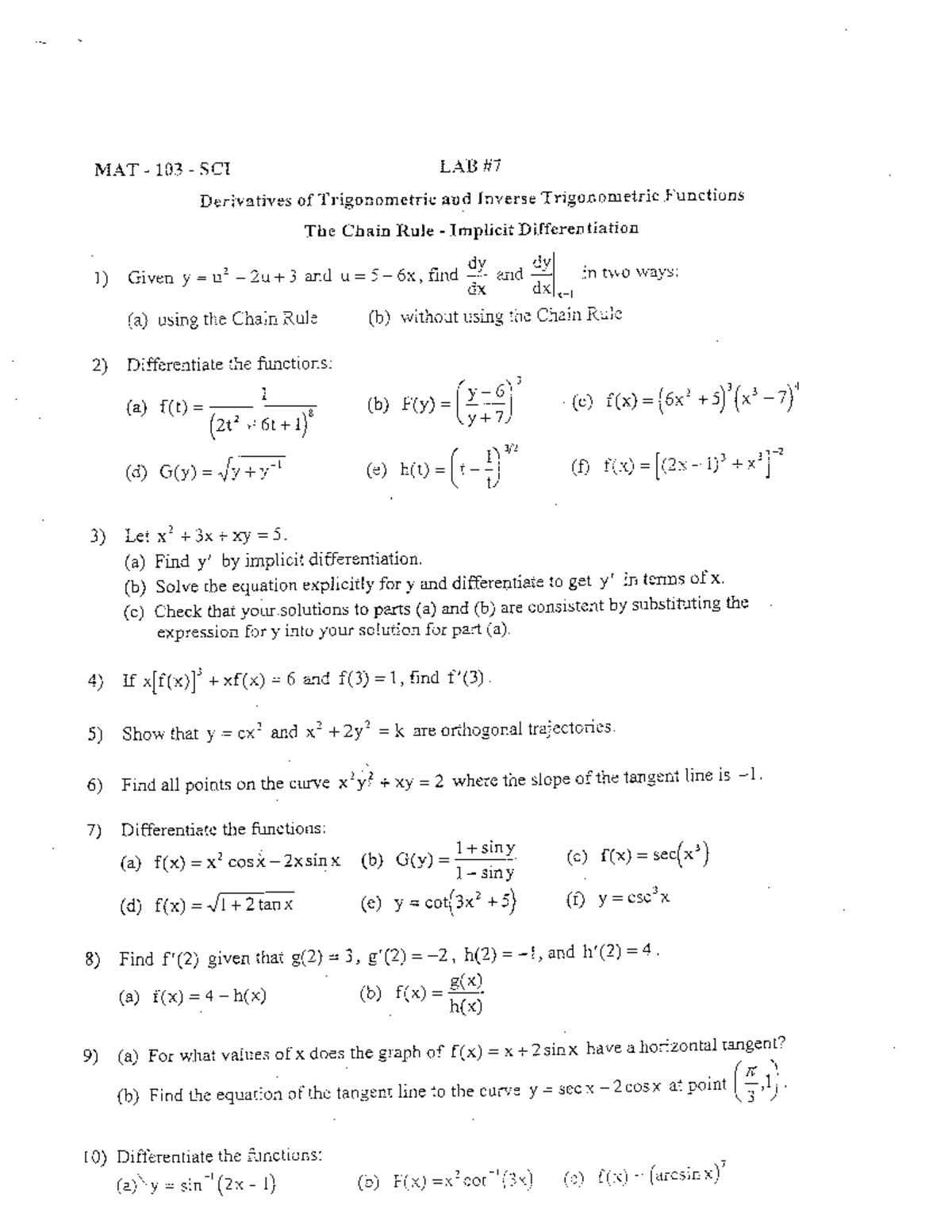 LAB#7 Derivatives of Tirgonometric and Inverse Trigonometric Functions, The Chain Rule ...