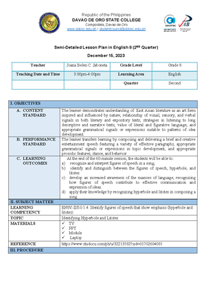 Lesson Plan Elements of Story - GRADE 8 DAILY LESSON PLAN Region XI ...