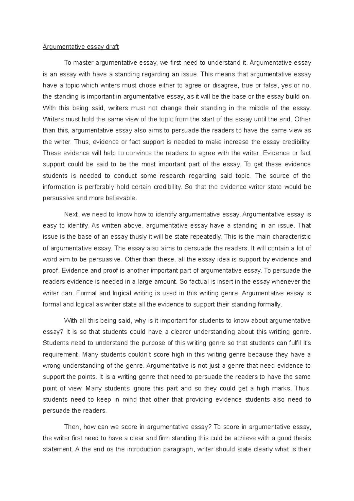 Argumentative essay tslb 1084 - Argumentative essay draft To master ...