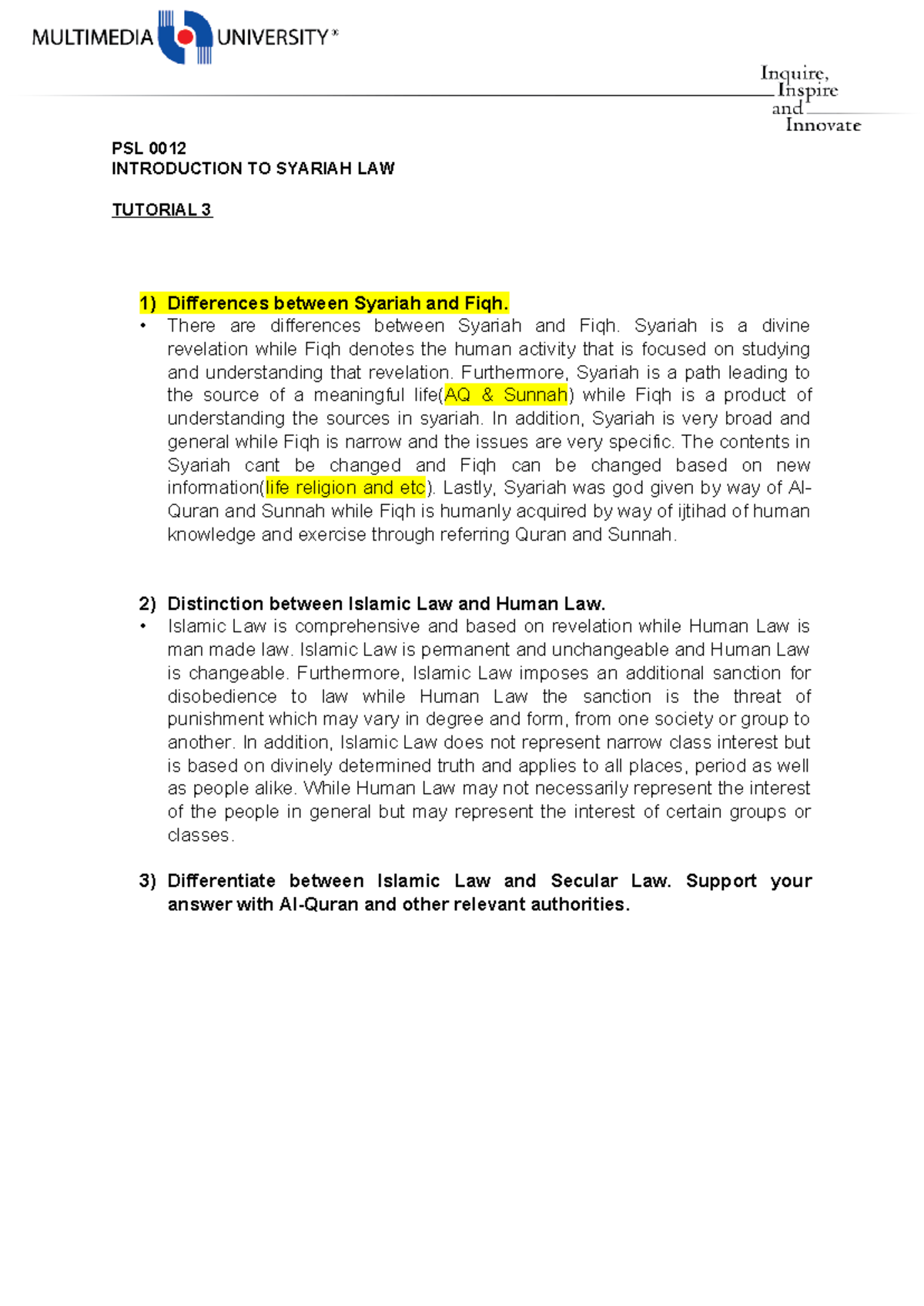 Tutorial 3 intro to syariah - PSL 0012 INTRODUCTION TO SYARIAH LAW ...