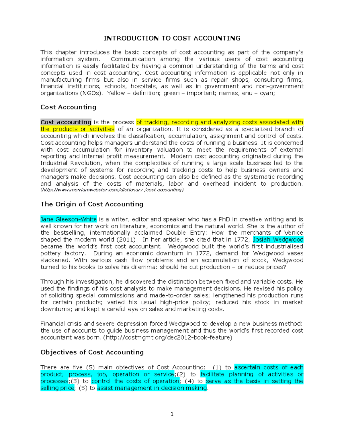 Chapter 1 2021 - Lecture notes 1 - INTRODUCTION TO COST ACCOUNTING This ...