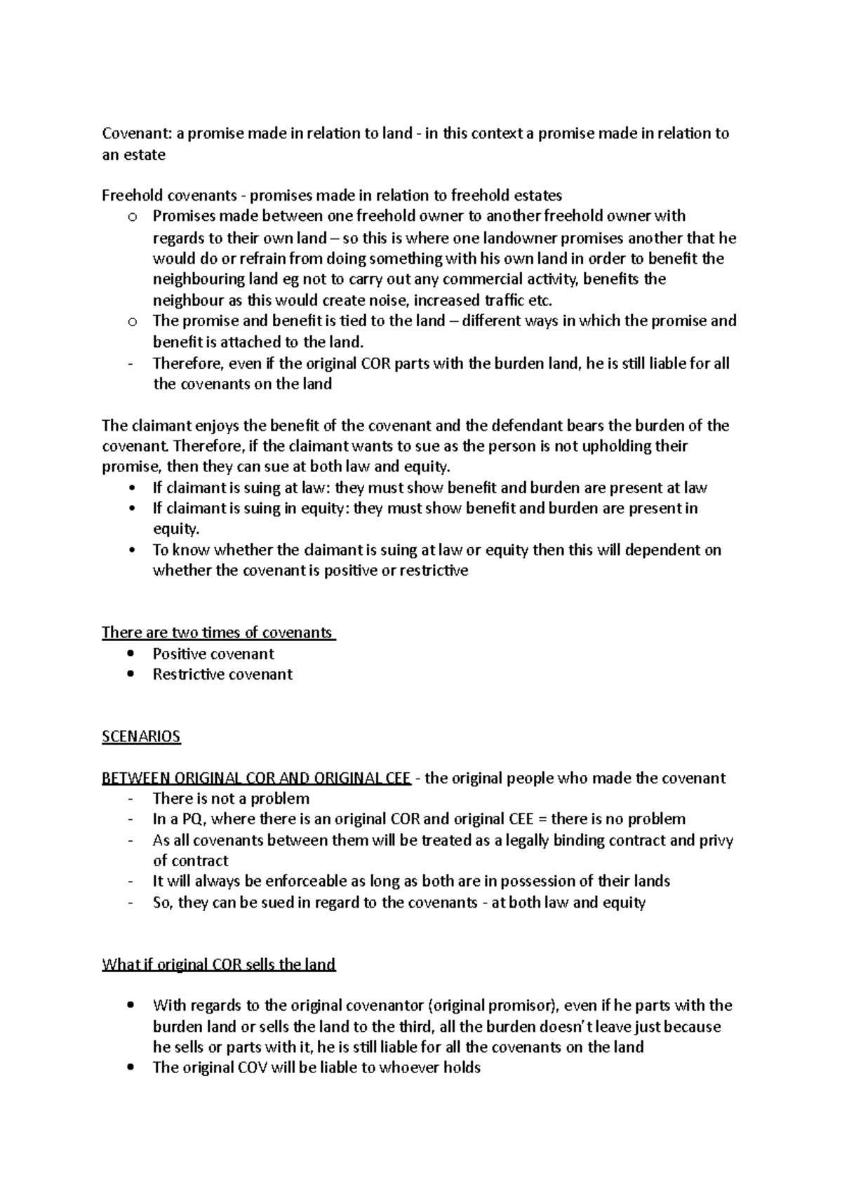 Covenants - Land Law - Covenant: a promise made in relation to land ...