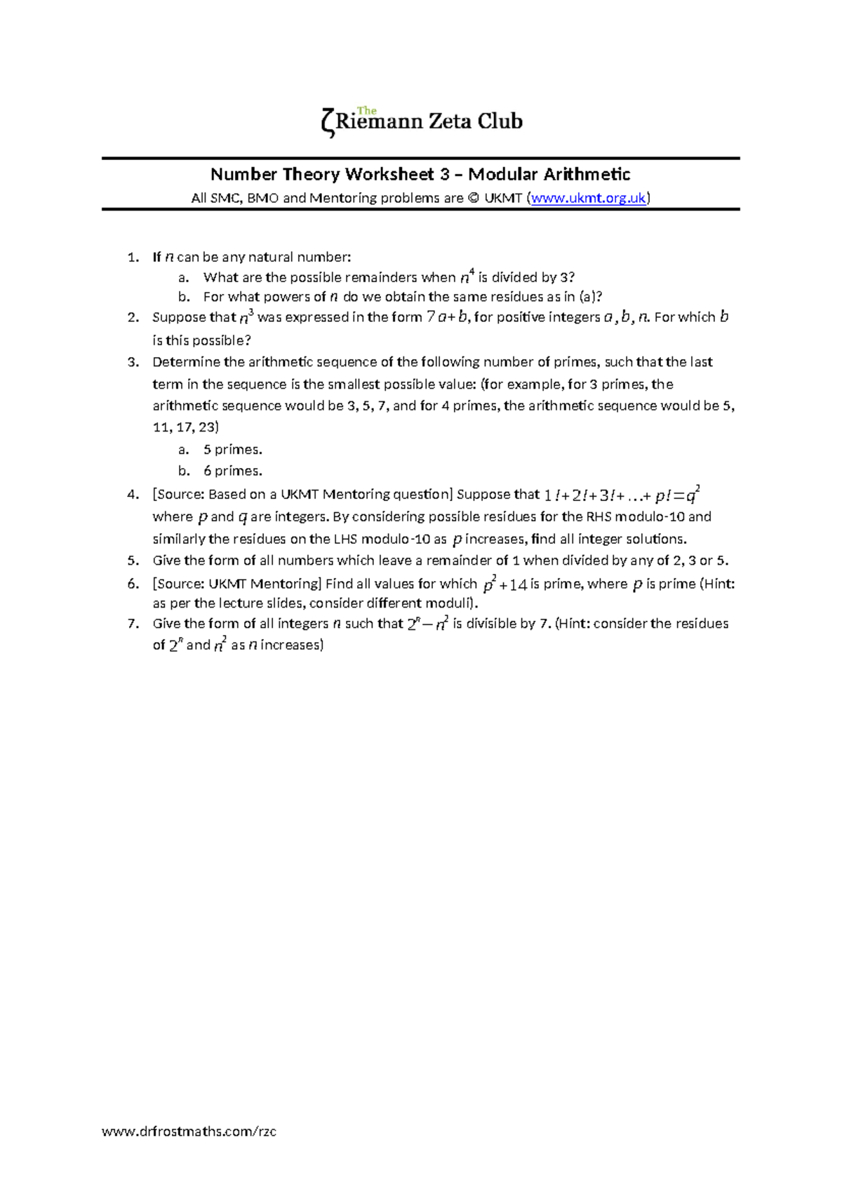 RZC-Number Theory-Worksheet 3 - Number Theory Worksheet 3 – Modular Arithmetic All SMC, BMO and ...