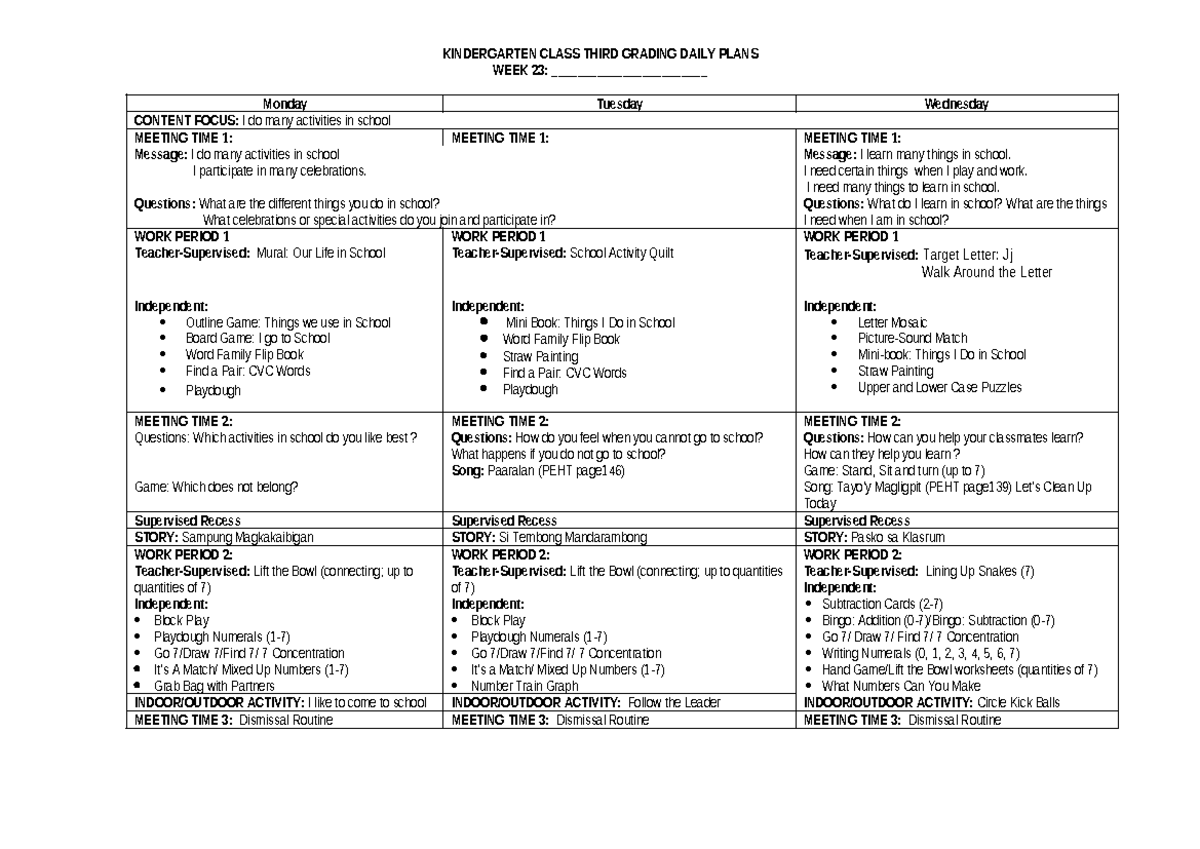 Kindergarten Lesson Plan Week 23 - KINDERGARTEN CLASS THIRD GRADING ...